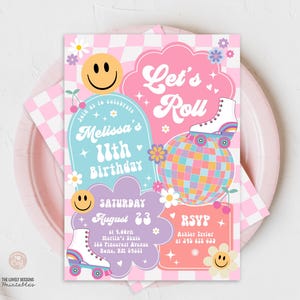 Editable Let's Roll Invitation Smile Face Groovy Retro Roller Skating ...