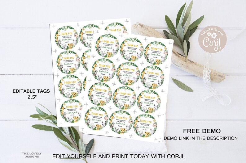 Editable Jungle Favor Tag 2.5" Jungle Baby Shower Gift Tags Neutral ...