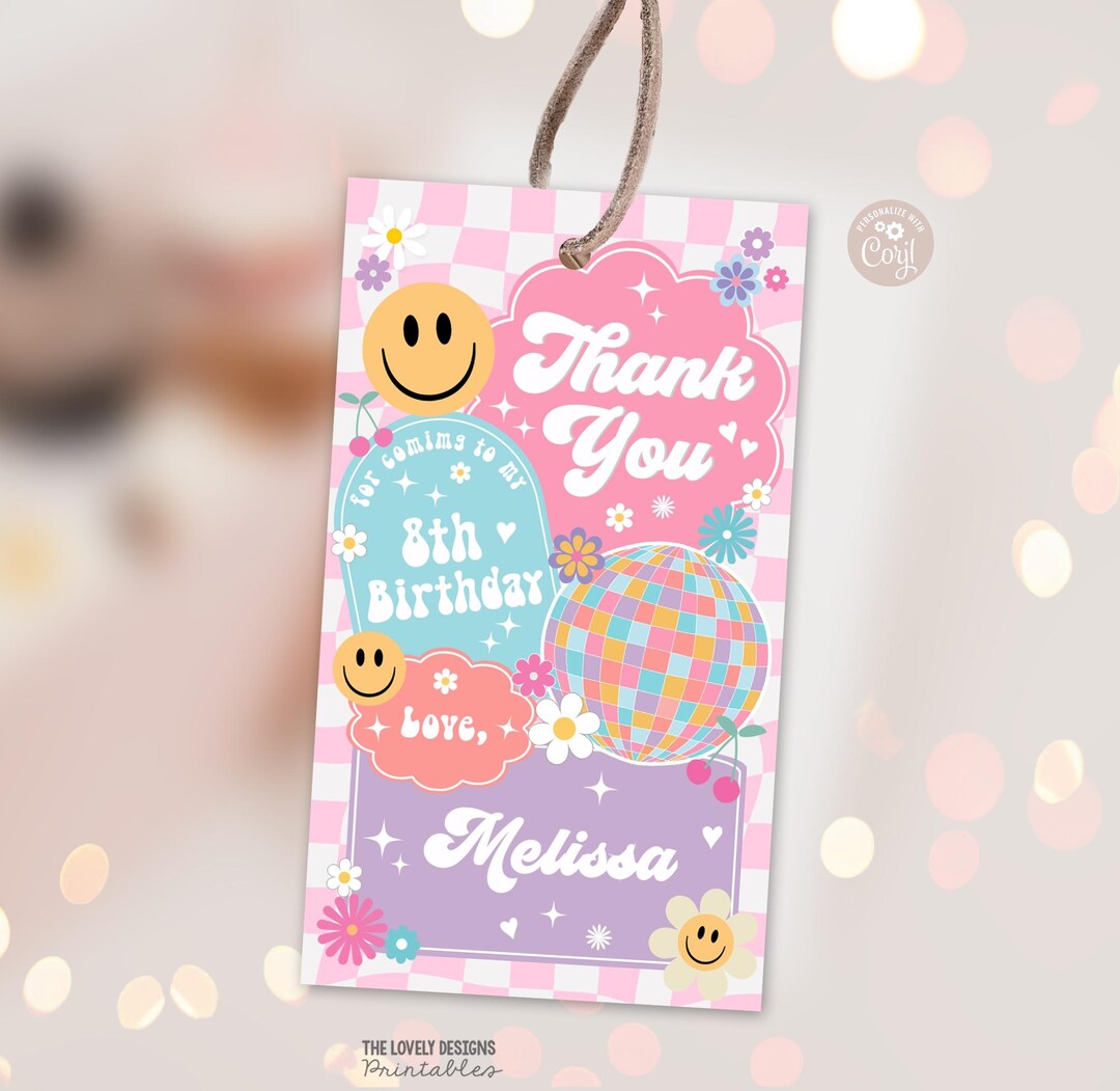 EDITABLE Favor Tag Checkered Smile Face Retro Tag Groovy Birthday Thank ...