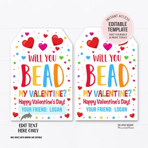Valentine's Day Gift Tags Will You Bead My Valentine Tag Girl ...