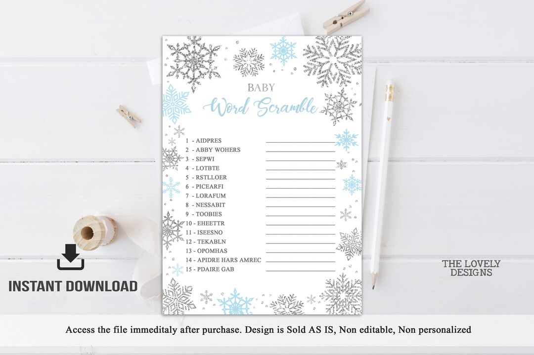 Winter Word Scramble Game Winter Baby Shower Games Snowflakes Blue and ...