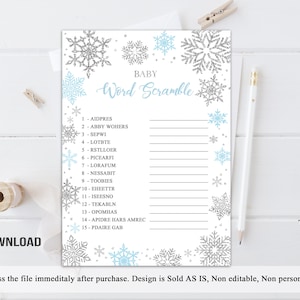 Winter Word Scramble Game Winter Baby Shower Games Snowflakes Blue and ...