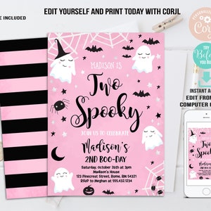 EDITABLE Two Spooky Halloween Ghost Birthday Invitation Pink Cute Ghost ...