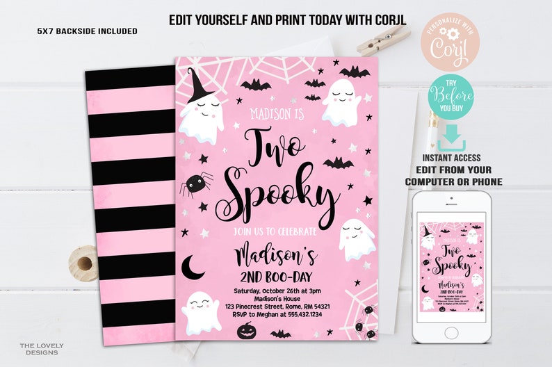 EDITABLE Two Spooky Halloween Ghost Birthday Invitation Pink - Etsy