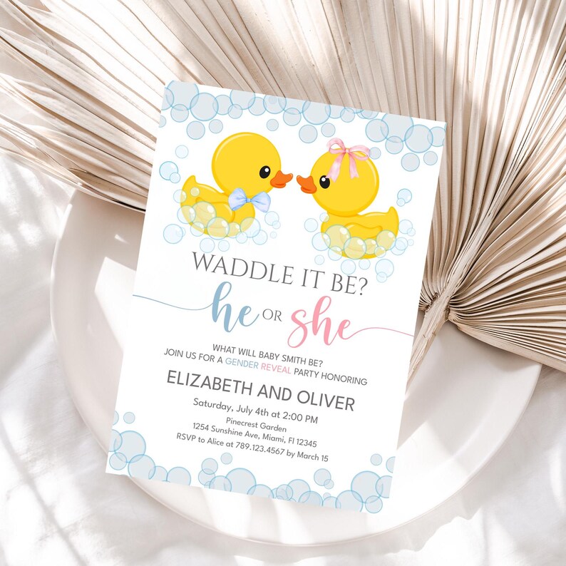 Editable Rubber Duckie Gender Reveal Invitation, Baby Boy or Girl ...