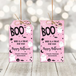 EDITABLE Halloween Gift Tag Halloween Pink Ghost Birthday Boo Favor ...