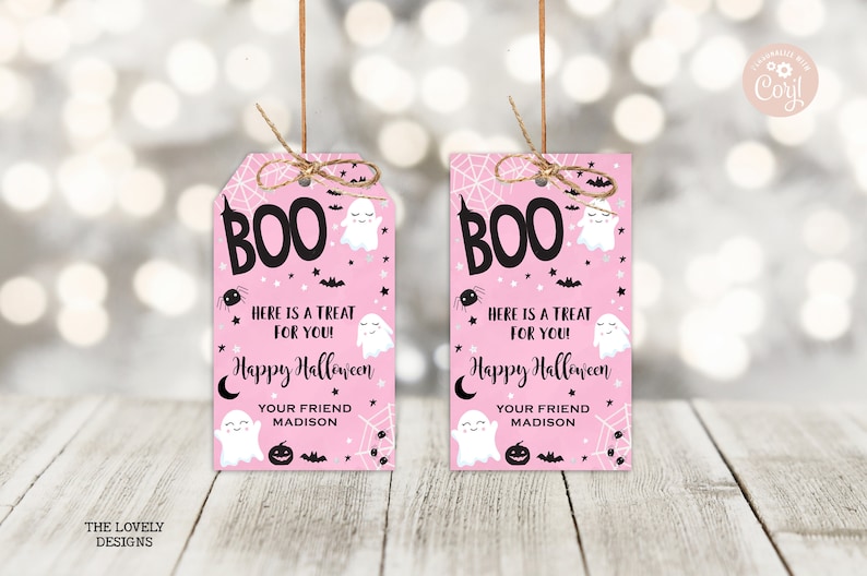 EDITABLE Halloween Gift Tag Halloween Pink Ghost Boo Favor - Etsy