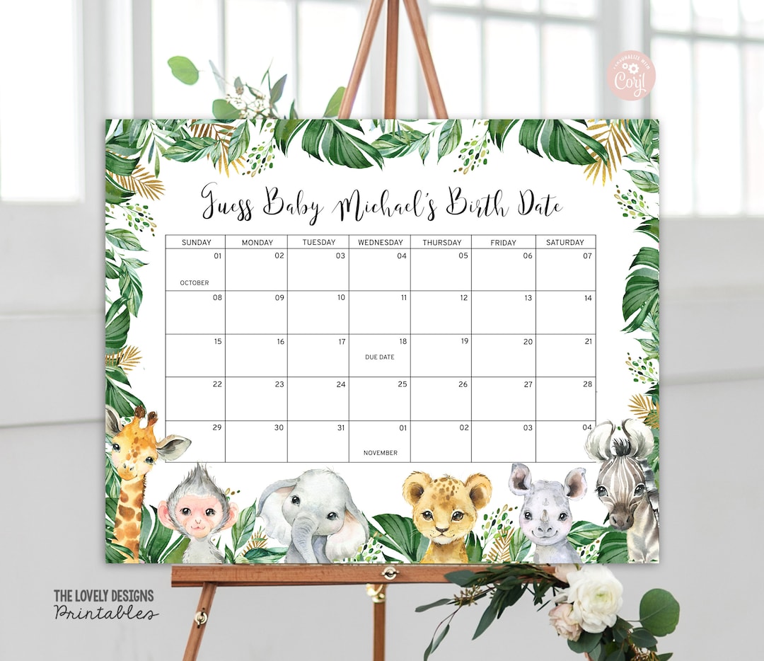 EDITABLE Jungle Baby Due Date Calendar Safari Wild Guess Baby's ...