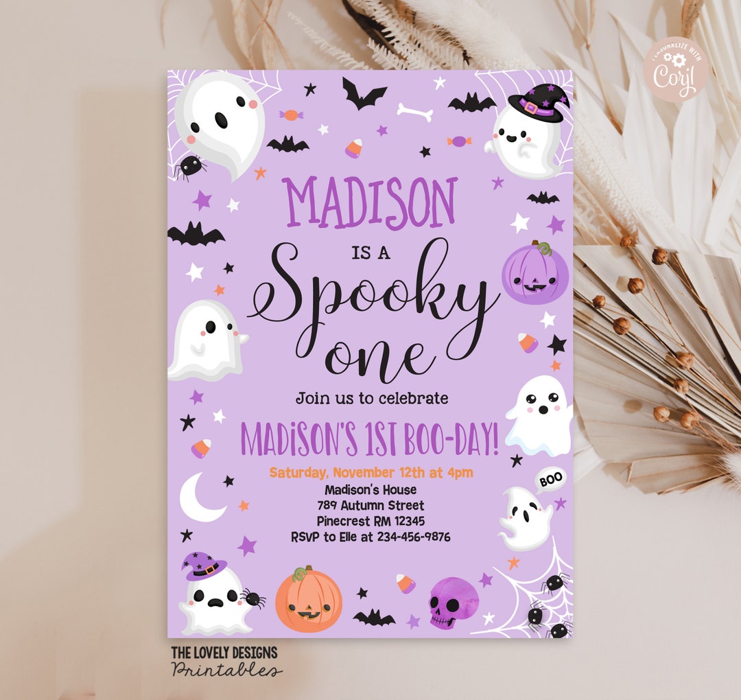 Editable Spooky One Halloween 1st Birthday Ghost Invitation Purple ...