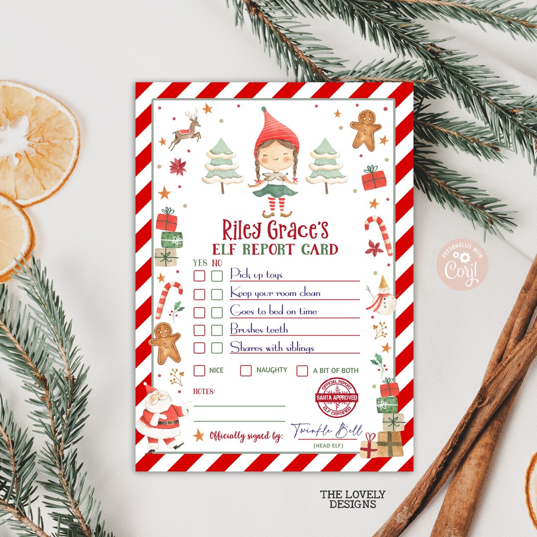 EDITABLE Elf Report Card Christmas Girl Elf Official Report Card Santa ...