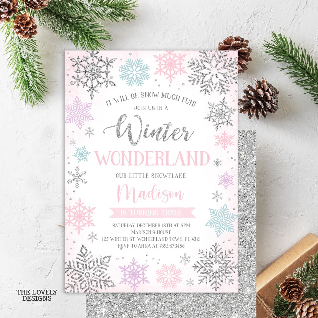 Editable Winter Wonderland Invitation Birthday Snowflakes Pink Purple ...