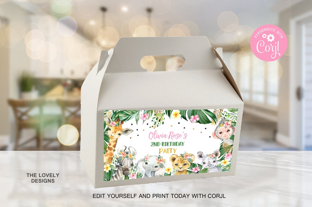 EDITABLE Jungle Gable Box Label Jungle Girl Birthday Party Favor Jungle ...