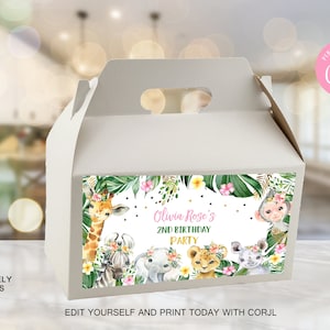 EDITABLE Jungle Gable Box Label Jungle Girl Birthday Party Favor Jungle ...