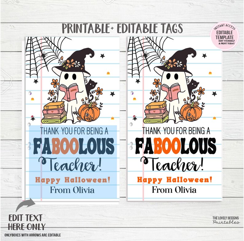 Faboolous Teacher Halloween Gift Tag Template, Printable Ghost Teacher ...