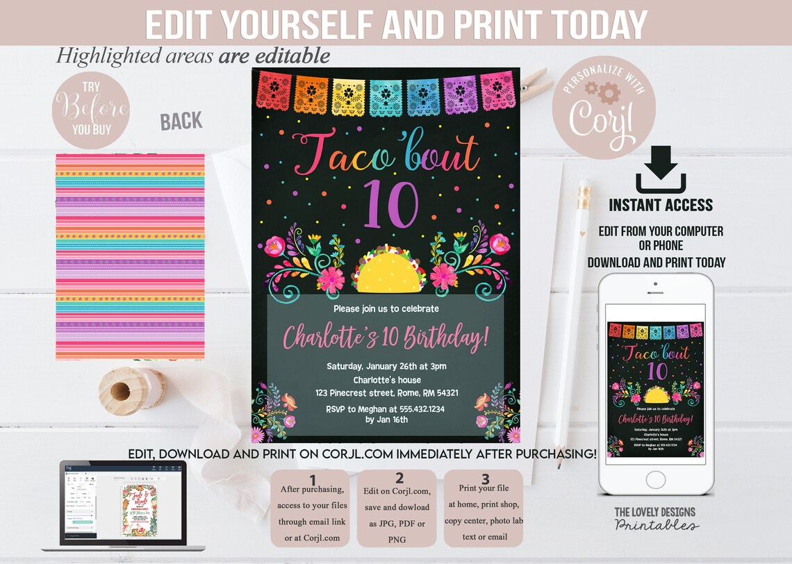 Fiesta 10th Birthday Invitationfiesta Taco 'bout a 10 - Etsy