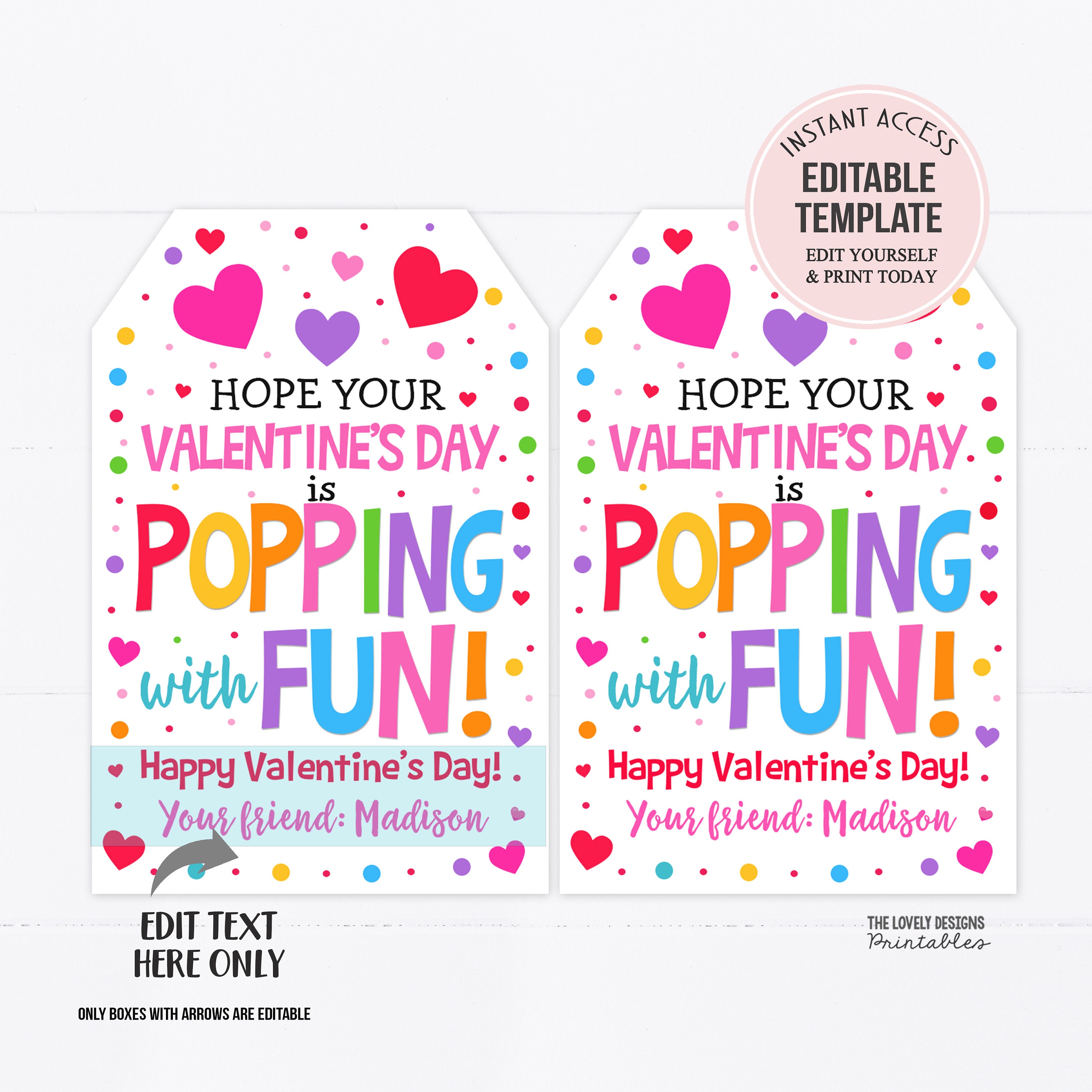Popping With Fun Valentine Tag Valentine's Day Tag Pop Fidget Toy ...