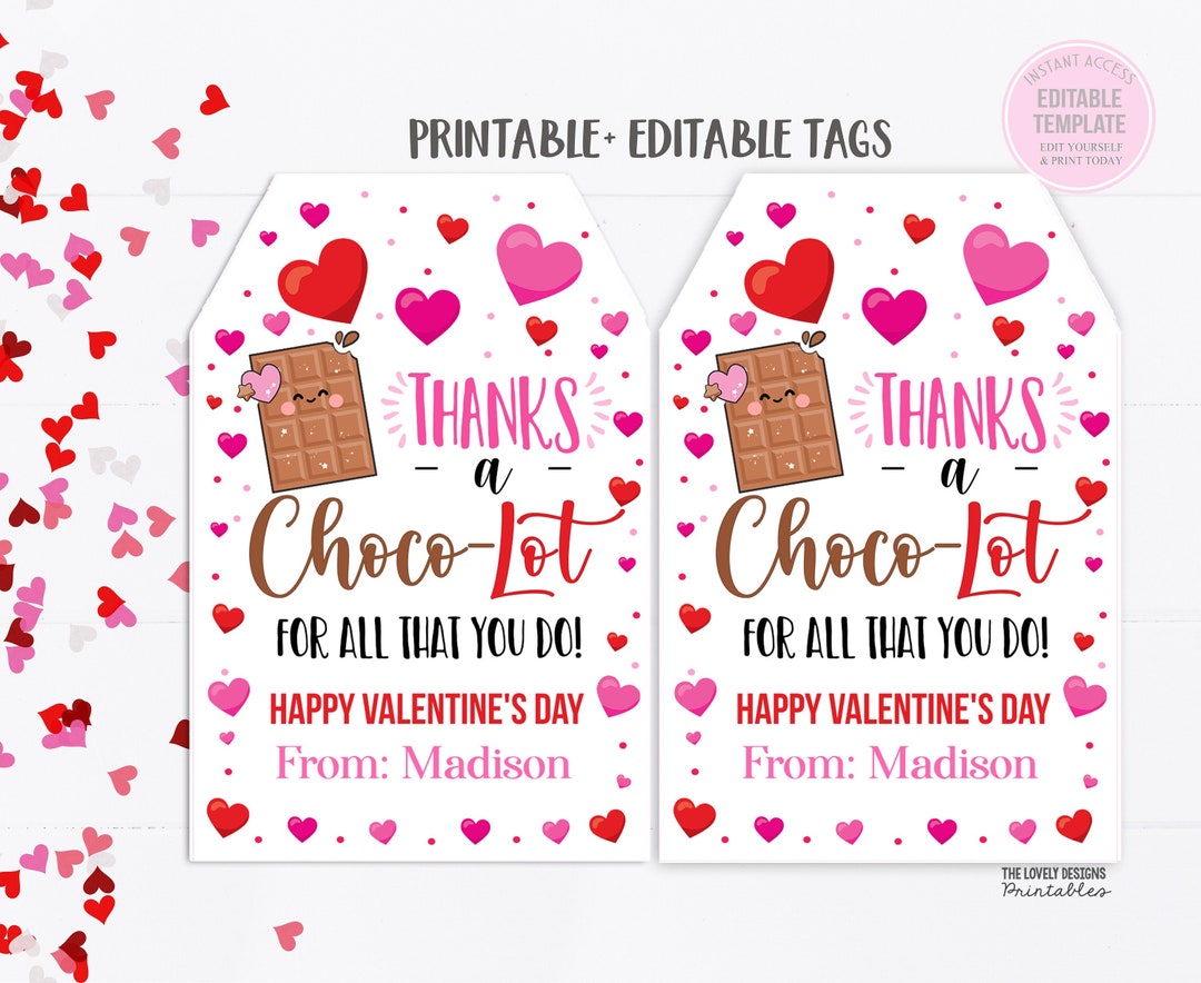 Valentines Day Chocolate Tag Valentine Thanks a Choco-lot Label Teacher ...