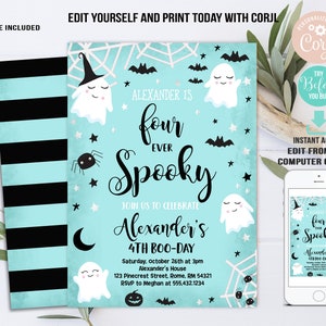 EDITABLE Four Ever Spooky Halloween Invitation Blue Spooky Ghost 4th ...