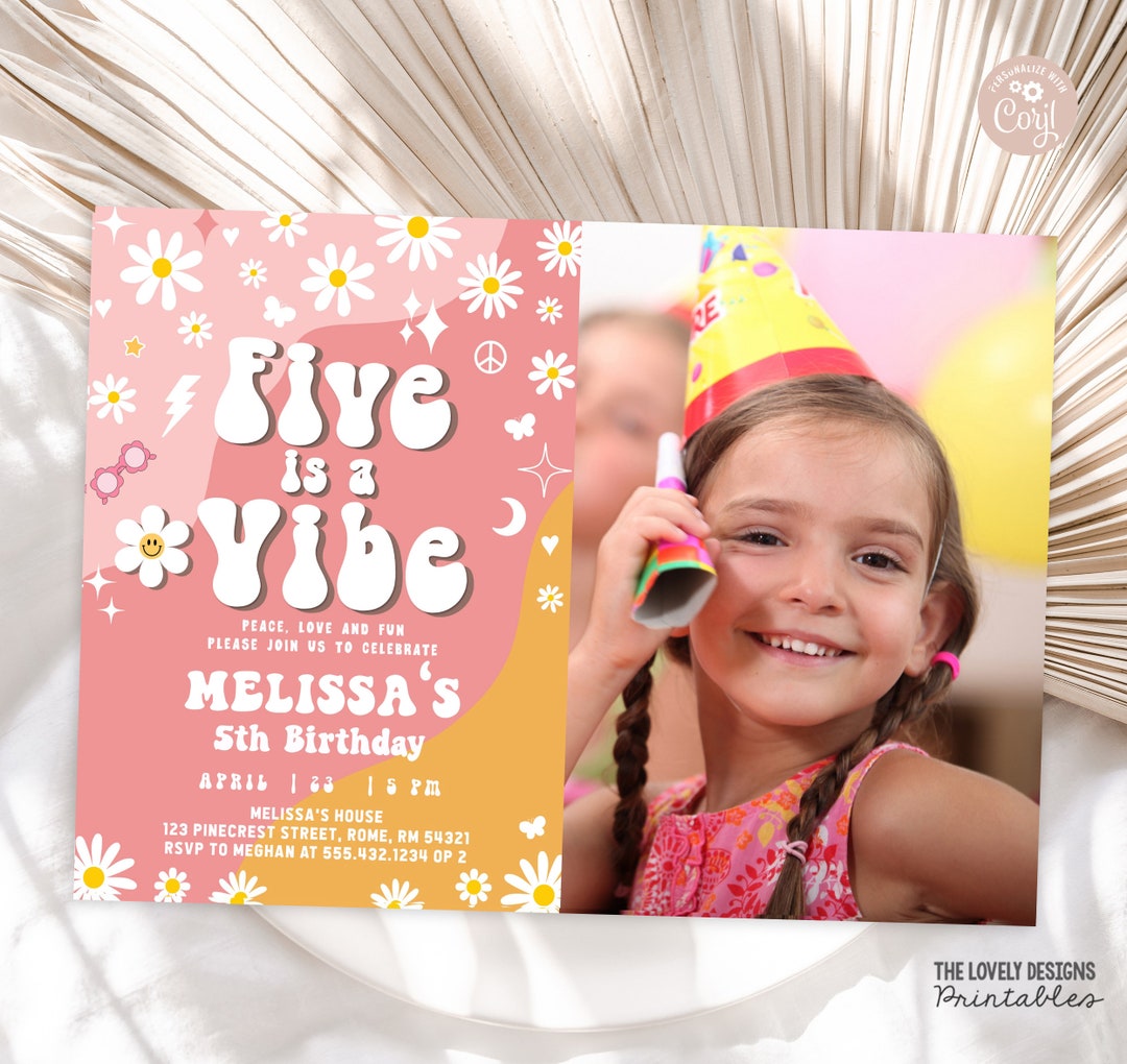 Five is a Vibe Invitation Editable Groovy 5th Birthday With Photo ...