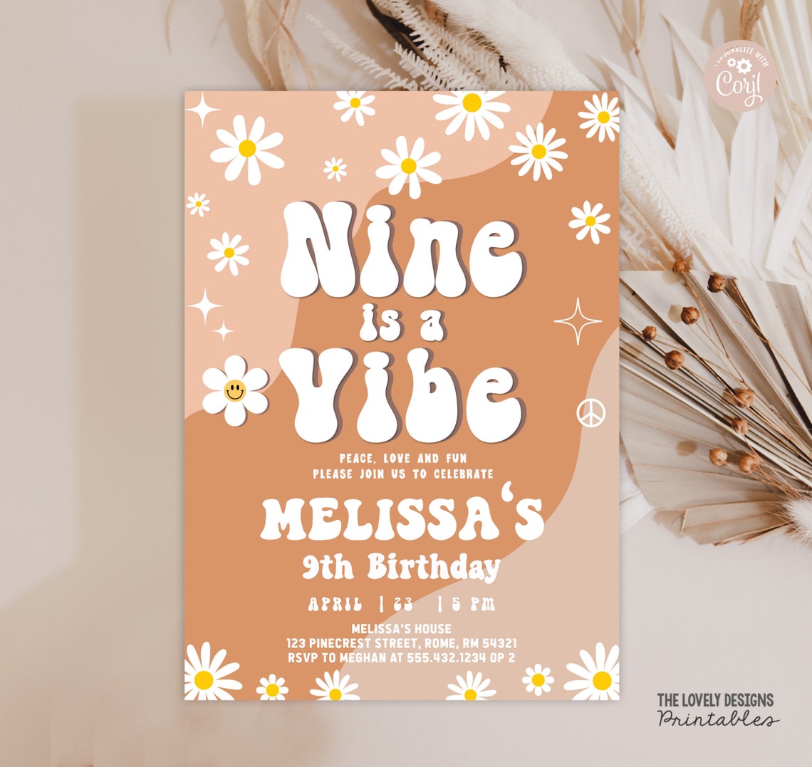 EDITABLE Groovy 9th Birthday Invitation Nine is a Vibe Daisy - Etsy