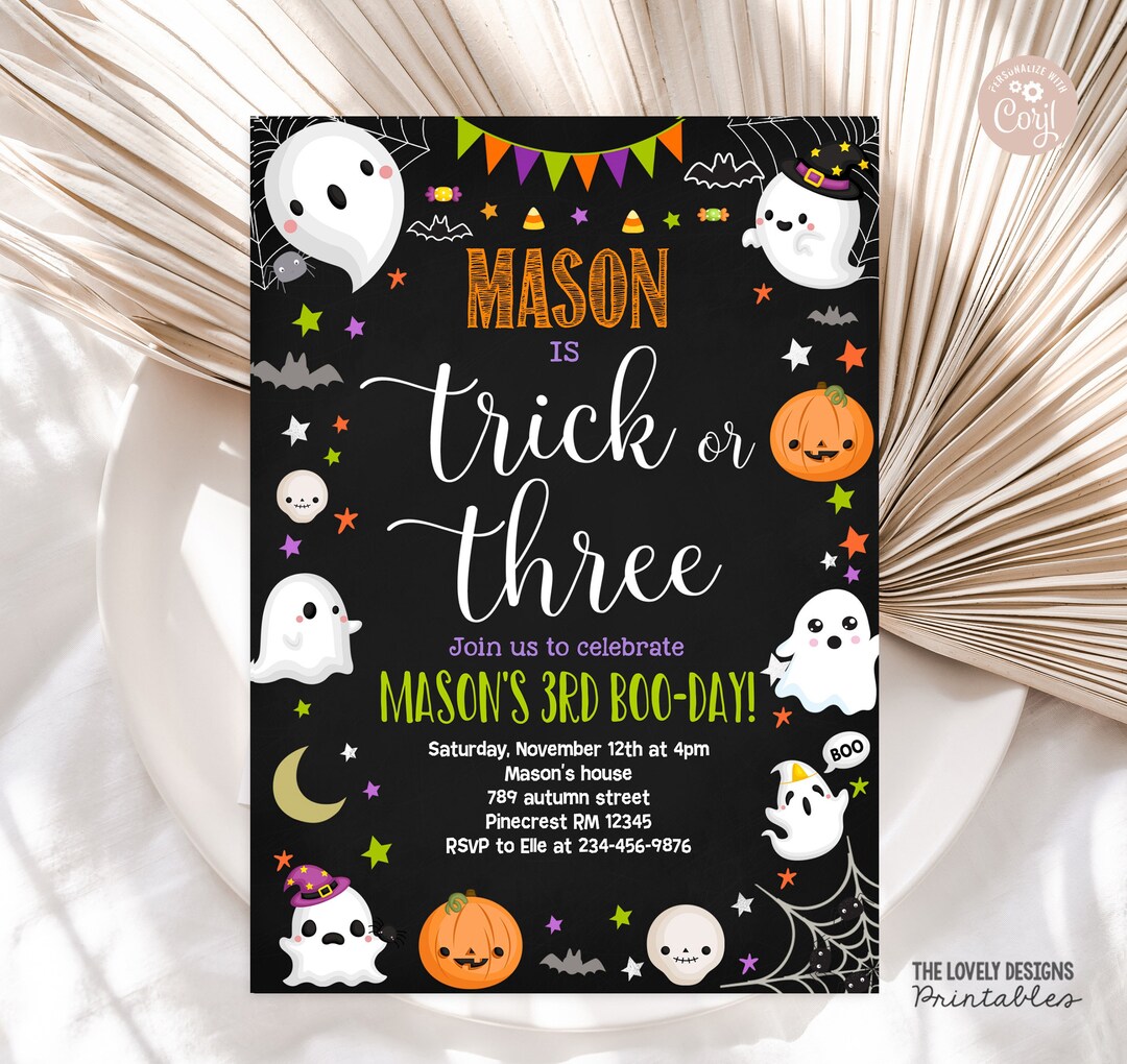 EDITABLE Trick or Three Halloween Invitation Spooky Ghost 3rd Birthday ...