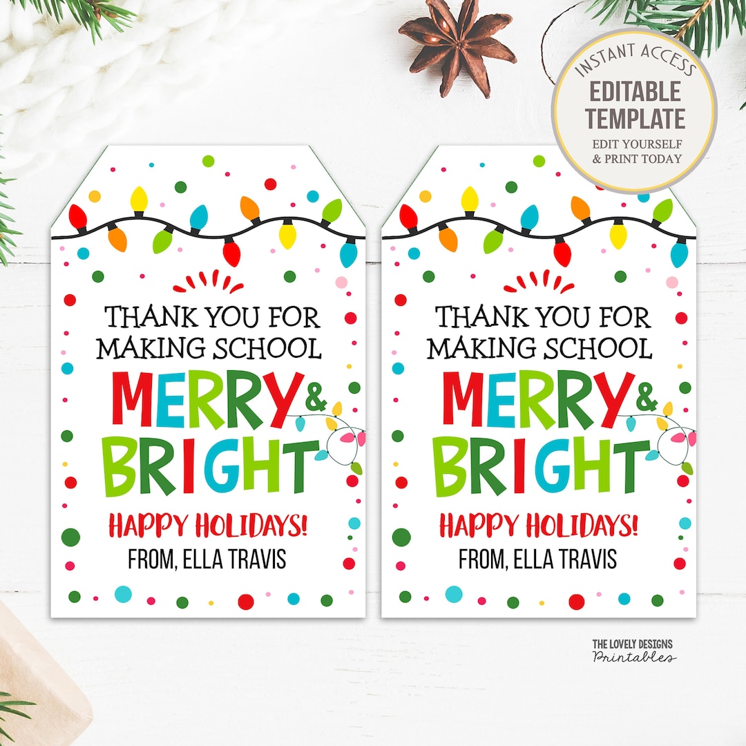 EDITABLE Christmas Tag School Merry & Bright Gift Tag Holidays Gift Tag ...