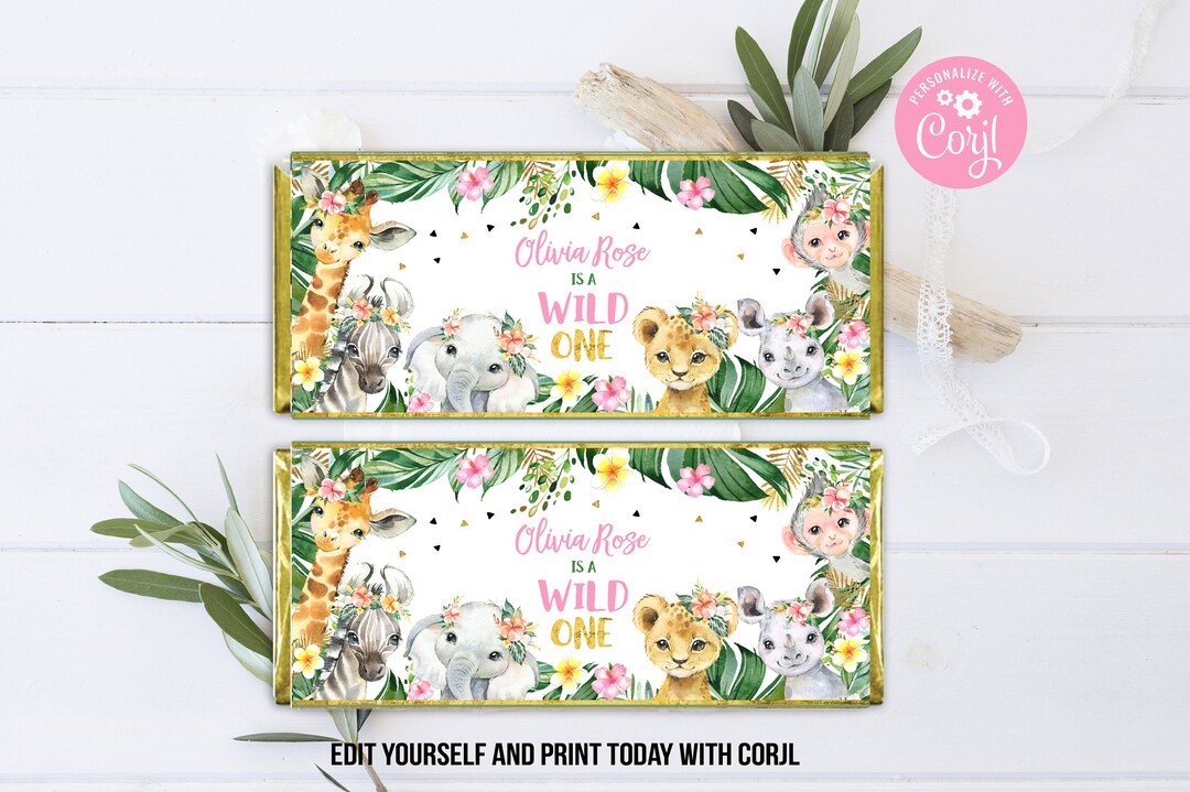 Editable Jungle Wild One Candy Bar Wrappers Jungle Girl Birthday Party ...
