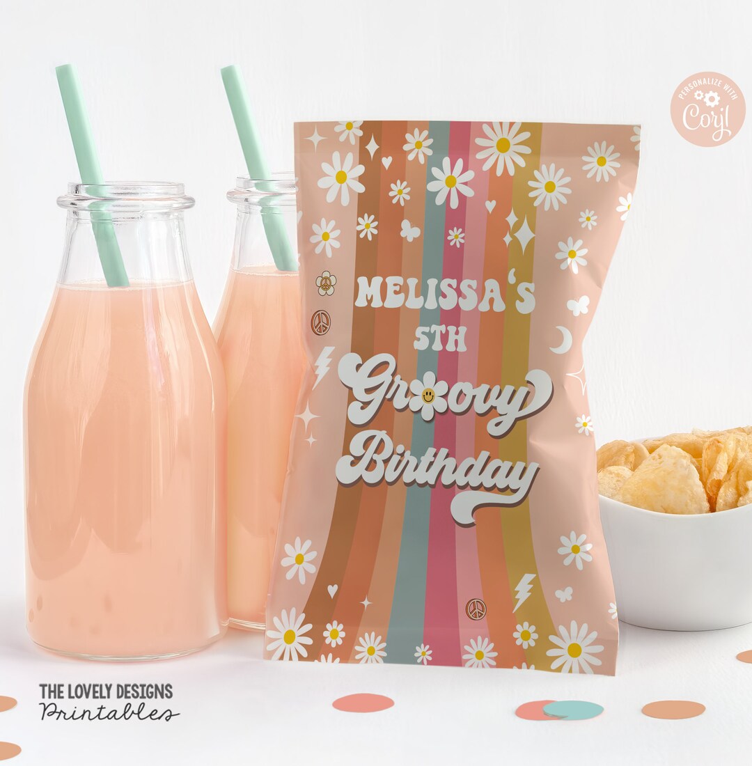 EDITABLE Retro Chip Bag Wrapper Groovy Birthday Rainbow Orange Blue ...
