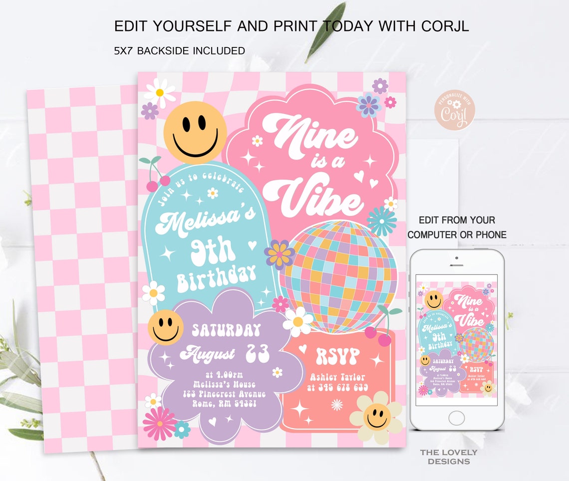 Editable Nine is a Vibe Checkered Smile Face Invitation Retro Groovy ...