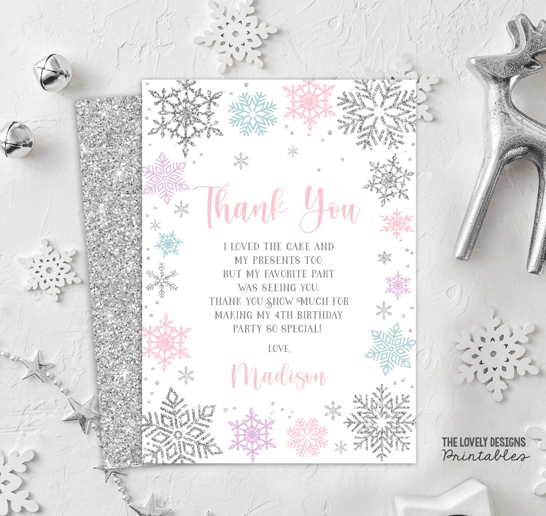 EDITABLE Winter Thank You Card Winter Birthday Snowflakes Pink Purple ...