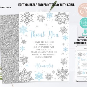 EDITABLE Winter Thank You Card Winter Birthday Party Snowflakes Blue ...