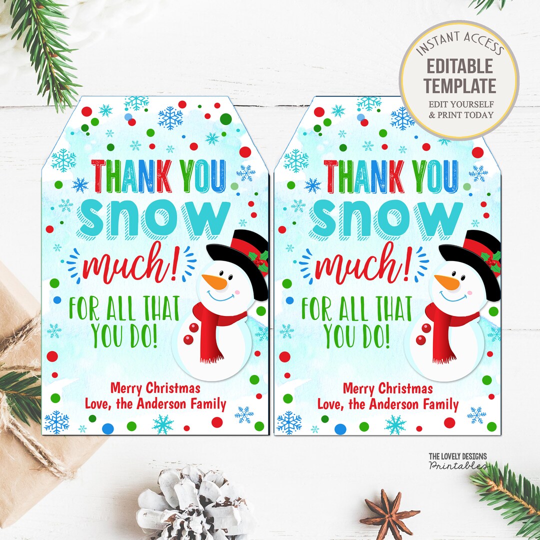 Thank You Snow Much Tags, Christmas Gift Tags Printable, Snowman Gift ...