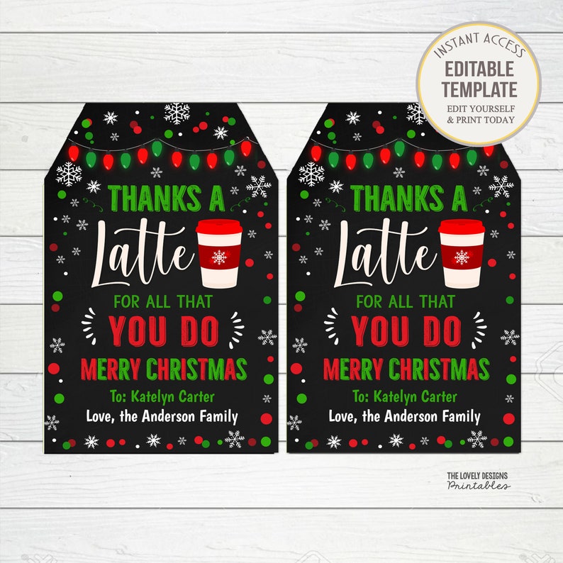 Thanks a Latte Christmas Gift Tags Printable Gift Card Holder - Etsy