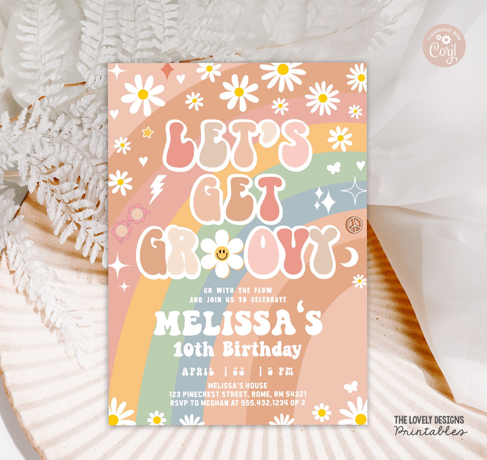 Let's Get Groovy Birthday Invitation Any Age Daisy Groovy Rainbow ...
