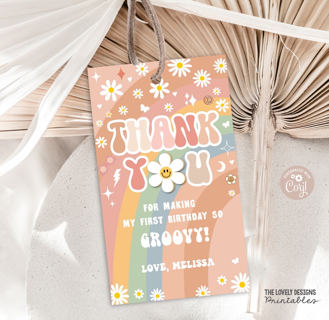 EDITABLE Groovy Daisy Rainbow Favor Tag Groovy Birthday Hippie Retro 70 ...
