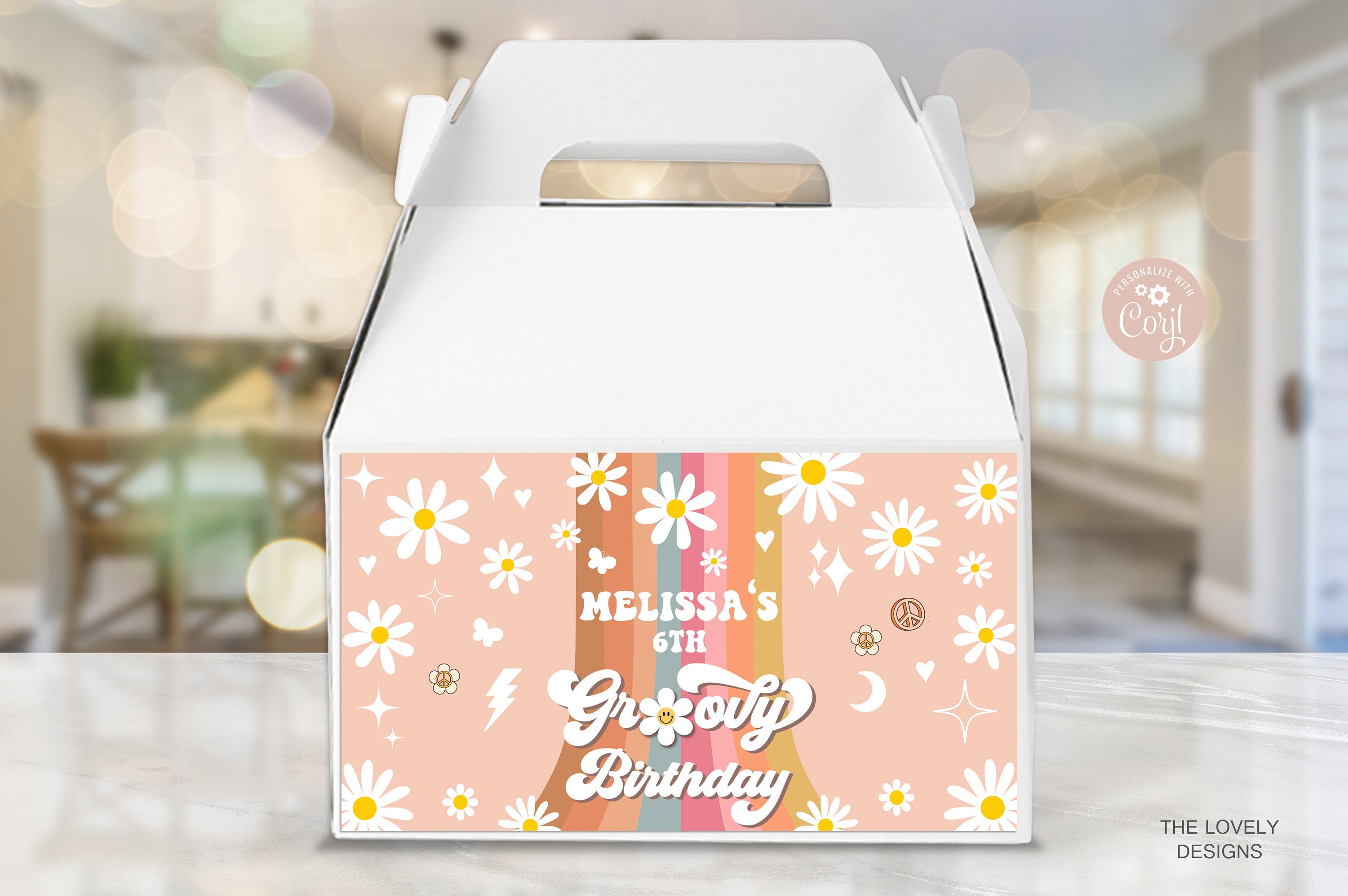 Editable Groovy Birthday Gable Box Label Groovy Daisy Rainbow Orange ...