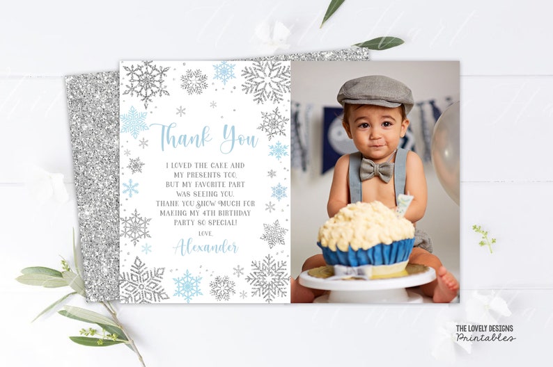 Editable Winter Thank You Card With Photo Winter Birthday Snowflakes ...