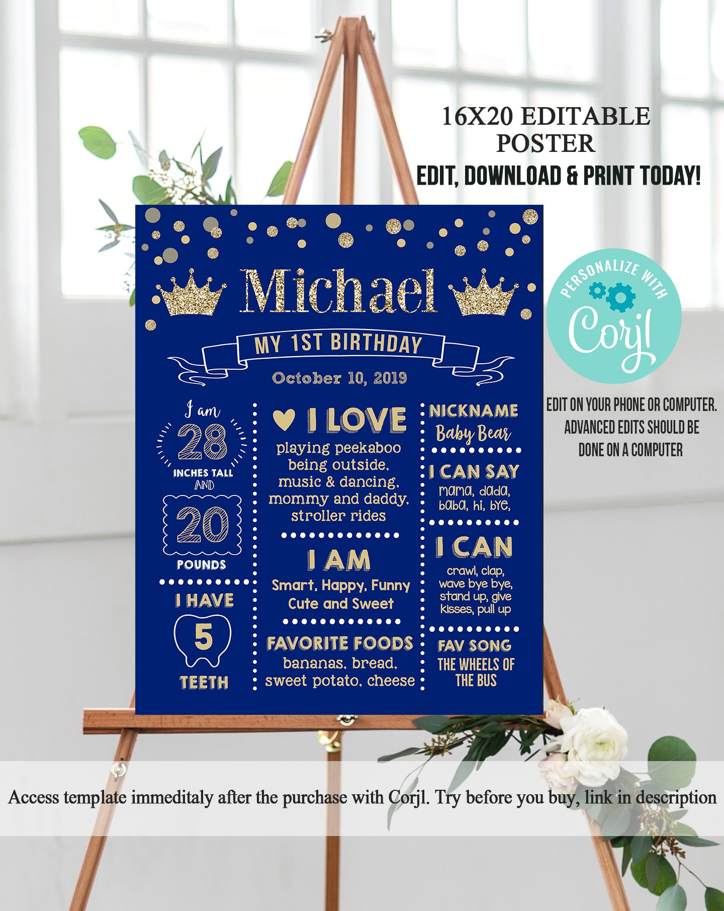 EDITABLE Prince Royal Blue First Birthday Chalkboard Poster | Etsy