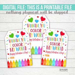 Rainbow Valentine's Gift Tag You Color My World Valentine Crayons ...