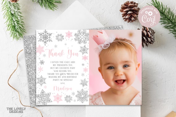 EDITABLE Winter Thank You Card With Photo Winter Birthday | Etsy