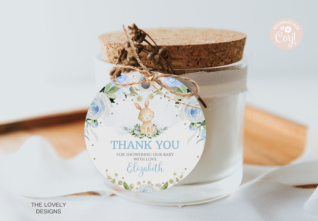 EDITABLE Boy Bunny Favor Tag 2.5" Bunny Baby Shower Circle Round Tags ...