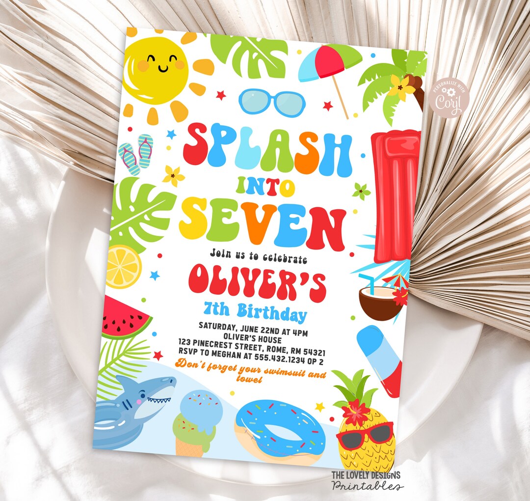 Splash Into Seven 7th Birthday Pool Party Editable Invitation Summer ...