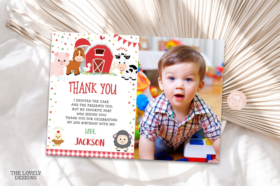 EDITABLE Farm Thank You Card With Photo Farm Birthday Party Farm Red ...