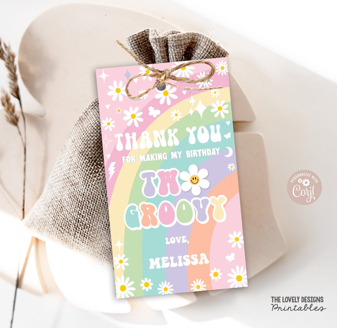 EDITABLE Daisy Two Groovy Gift Tag Groovy 2nd Birthday Rainbow Pink ...