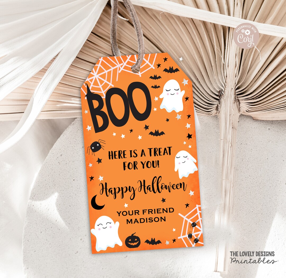 Editable Halloween Gift Tag Halloween Orange Ghost Birthday Favor Tags ...