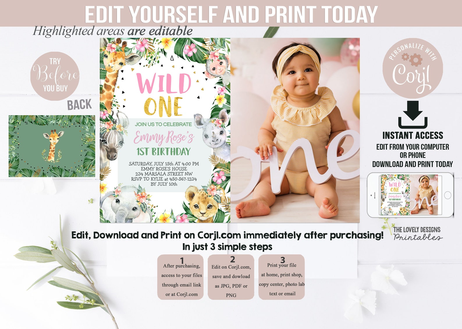 Editable Wild ONE Birthday Photo Invitation Wild ONE Jungle - Etsy