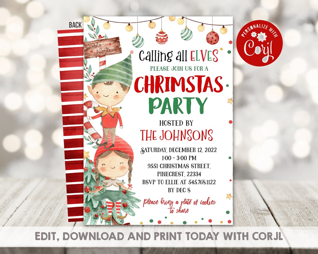 Editable Elf Christmas Party Invitation, Cute Elves Kids Party, Elf ...