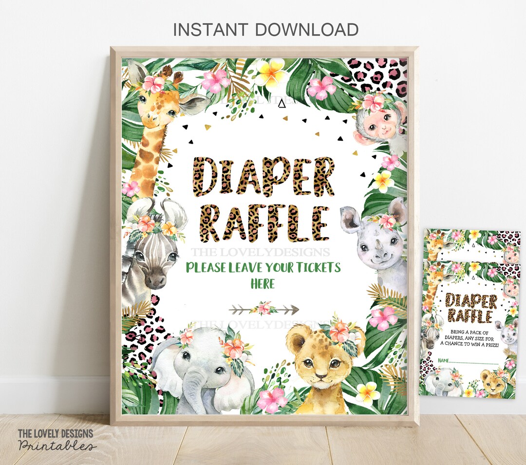 Jungle Diaper Raffle Sign and Tickets Leopard Print Jungle Girl Baby ...