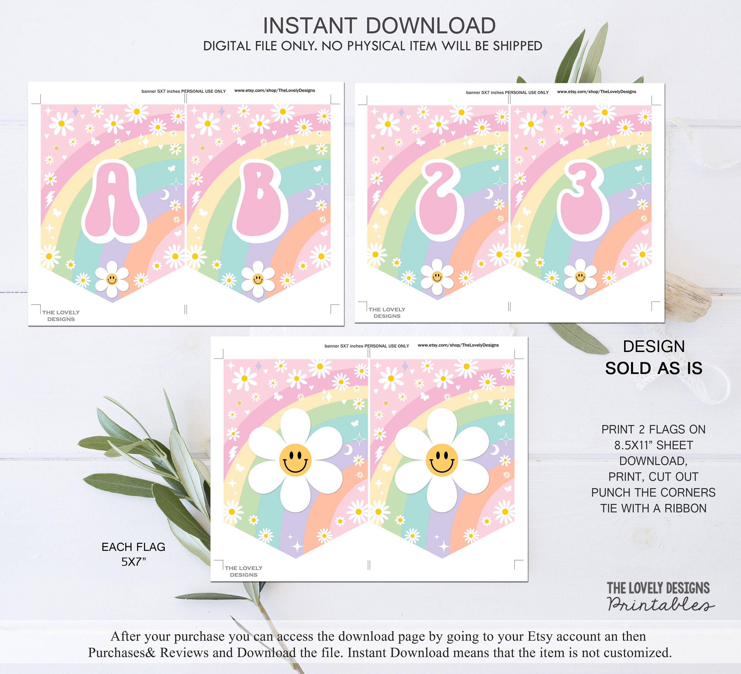 Daisy Groovy Banner A-Z Alphabet Numbers Groovy Birthday Rainbow Pink ...