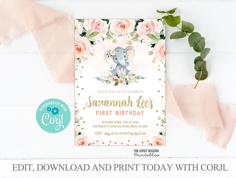 Pink Floral Elephant Invitation Elephant Pink and Gold - Etsy
